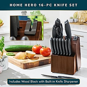 Home Hero Kitchen Knife Set with Sharpener - High Carbon Stainless Steel Knife Block Set with Ergonomic Handles (16 Pcs - Dark Wood)