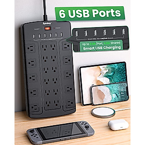 Surge Protector Power Strip with USB, SUPERDANNY Extension Cord with 22 Outlets & 6 USB, 1875W/15A, 1050J Surge Protection, 6.5Ft Flat Plug Power Cord, for Home Office Dorm Workshop, Black