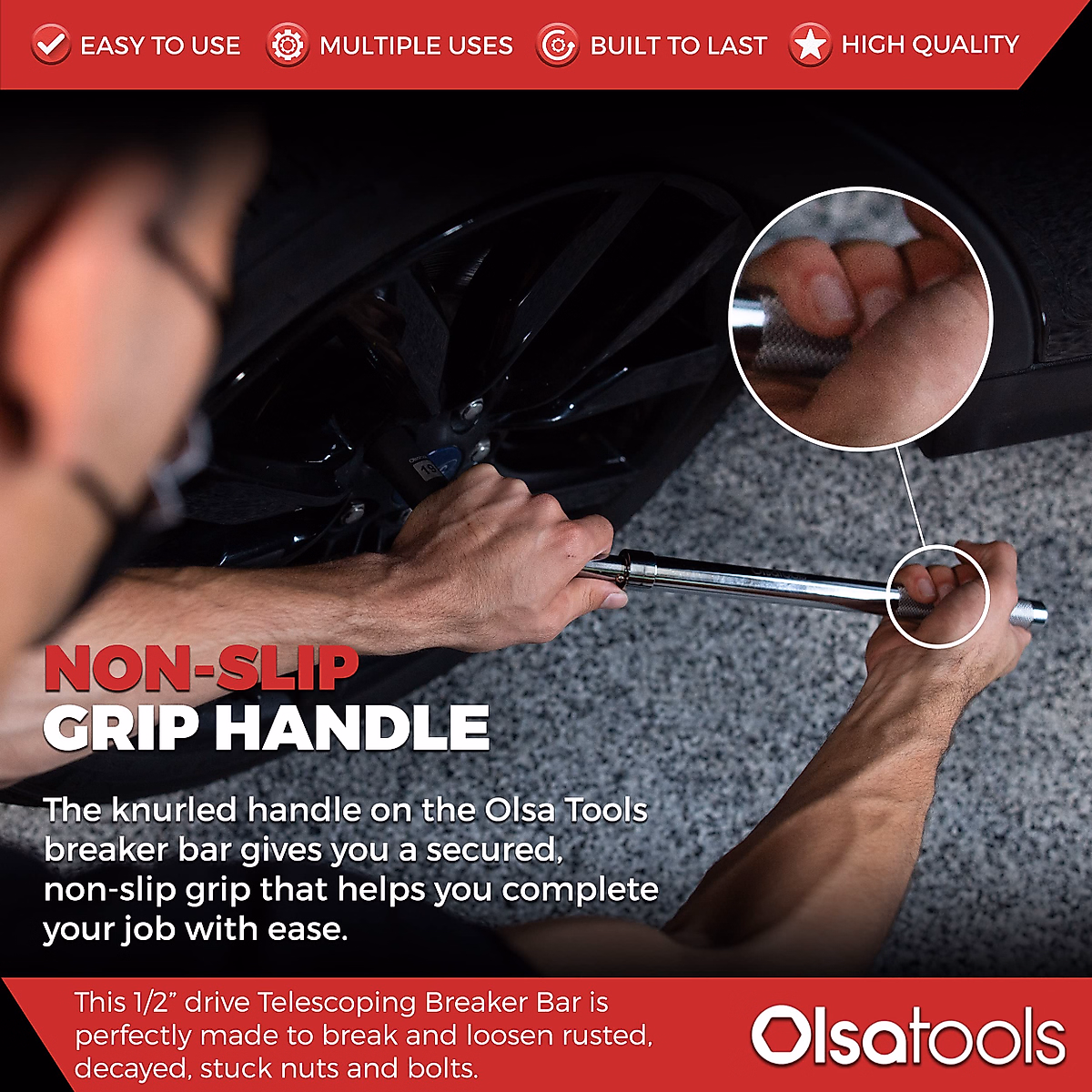 Olsa Tools Extendable Breaker Bar, 1/2-Inch Drive, 16" - 24" Length | Locking Extending Breaker Bar | 220 Degree Flex Head Cheater Bar | Great for Wheels, and Lug Nuts