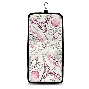 AUUXVA Hanging Toiletry Bag for Women, Paris Eiffel Tower Makeup Bag, Floral Flower Cosmetic Bag, Travel Essentials for Women Men