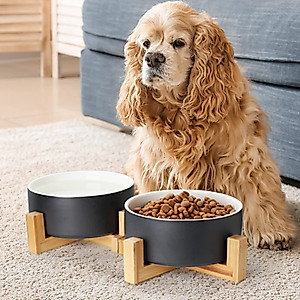 Y YHY Ceramic Dog Bowls, 32 Oz, Matte Black, Bamboo Stand, Suitable for Multiple Pets