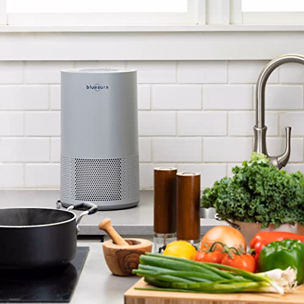 BLUE AURA PURE Air Purifier. H13 True HEPA Filter. Ideal for Home, Bedroom, Living room, Kitchen. Ozone-Free. 26db Quiet & Powerful. Wifi & App Enabled. Cleans 215 sq. ft in 15 min. AUTO. Slate Gray.