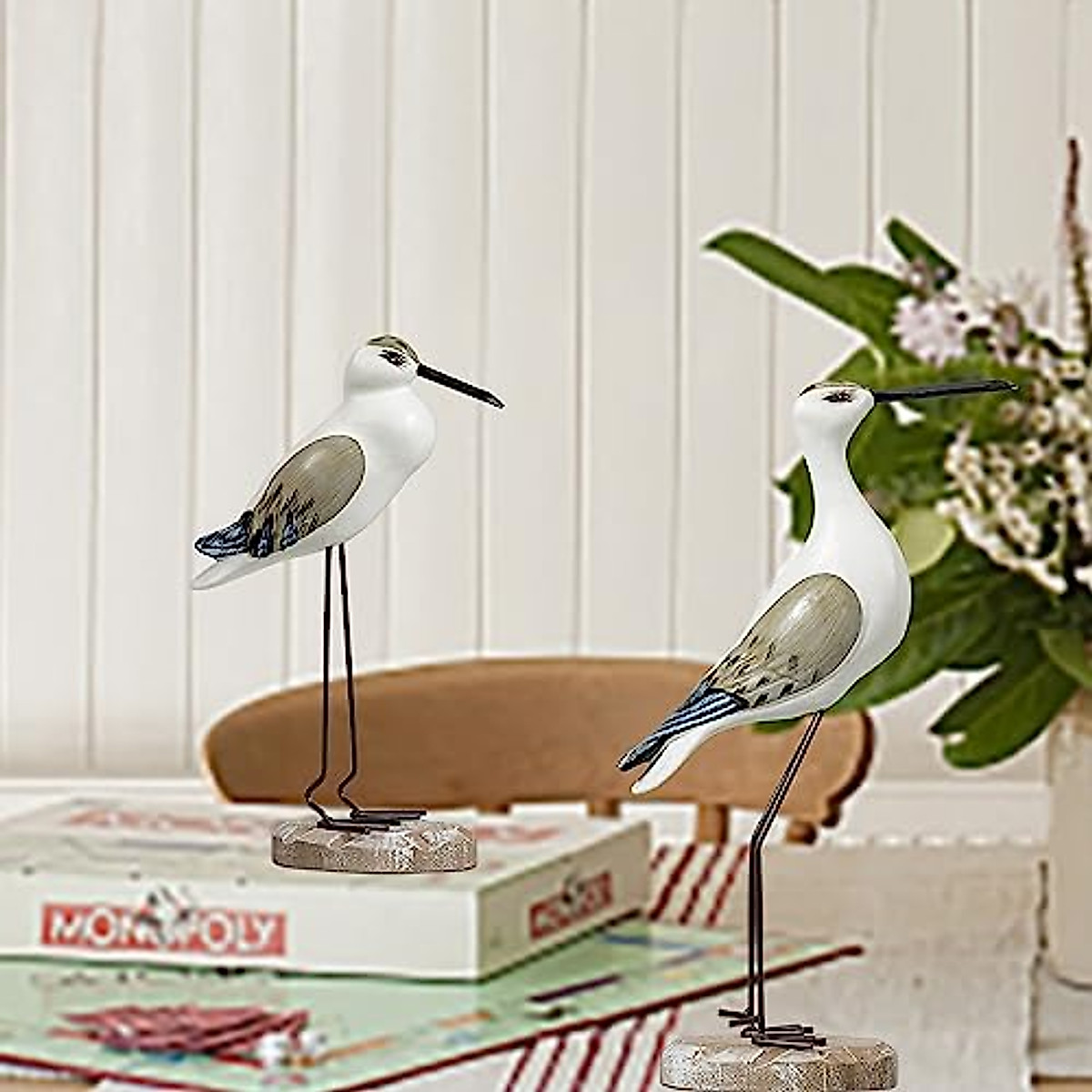 EVINIS 2Pcs Wooden Seagull Figurines, Mediterranean Style Bird States Ornaments for Beach,Garden, Backyard,Balcony, Living Room Decoration