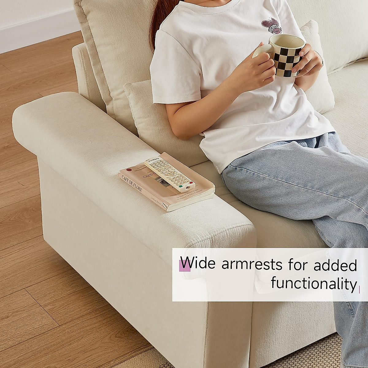 Sivoey 3 Seater Sofa with Deep Seat, 94" Mid Century Modern Upholstered Sofa with Armrests, Tools-Free Assemble, Comfy Chenille Beige Loveseat Couches for Living Room, Bedroom, Apartment and Office