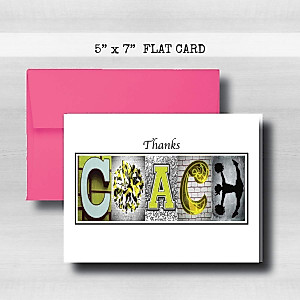 Personalized Cheerleading Yellow Coach Thank You Card, 5"x 7" FLAT CARD, Greeting Cards