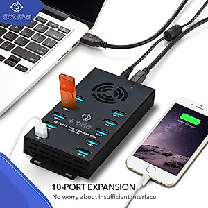 Premium Design USB 3.0 Hub - Multi-Safety Protection 10-Port Powered USB Hub 3.0 with AC Adapter - USB Splitter with Cooling Fan and Mounting Brackets - Aluminum - Hub for Multiple Devices