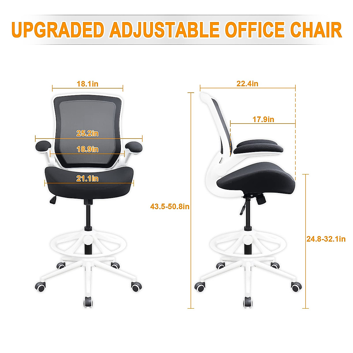 BOJUZIJA Ergonomic Drafting Chair,Standing Computer Desk Chair,Foot Ring,with Flip-Up Arms,Lumbar Support Swivel Computer Task Chair-Black