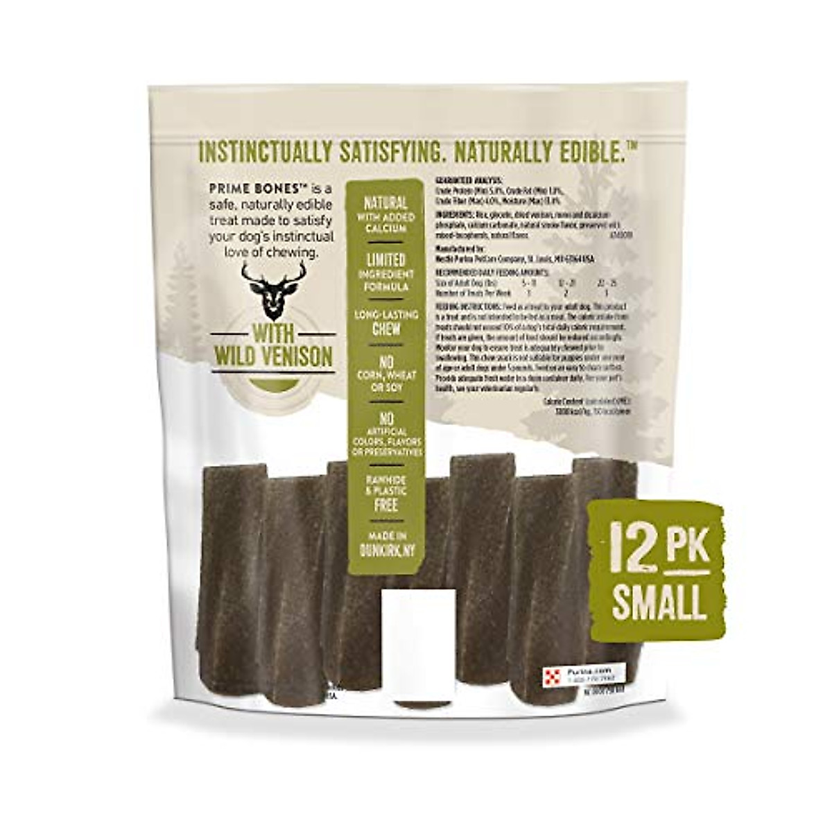 Purina Prime Bones Made in USA Facilities Limited Ingredient Small Dog Treats, Chew Stick with Wild Venison - 12 ct. Pouch