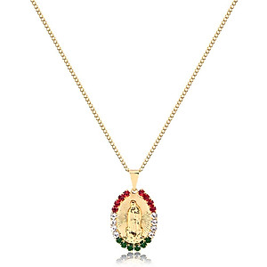 AMA 18K Gold-Plated Guadalupe Pendant Choker with Swarovski - 18-Inch Adjustable Golden Chain with Red, Green, White Crystal-Encrusted Virgin Mary Piece - Hypoallergenic Religious Jewelry for Women
