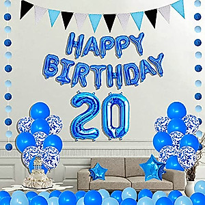 Succris 20TH Blue Theme for 20 Years Old Birthday Party Supplies Blue Happy Birthday Banner Blue Circle Dots Garland Paper Hanging Triangle Flag Banner Confetti balloons Number 20 Blue