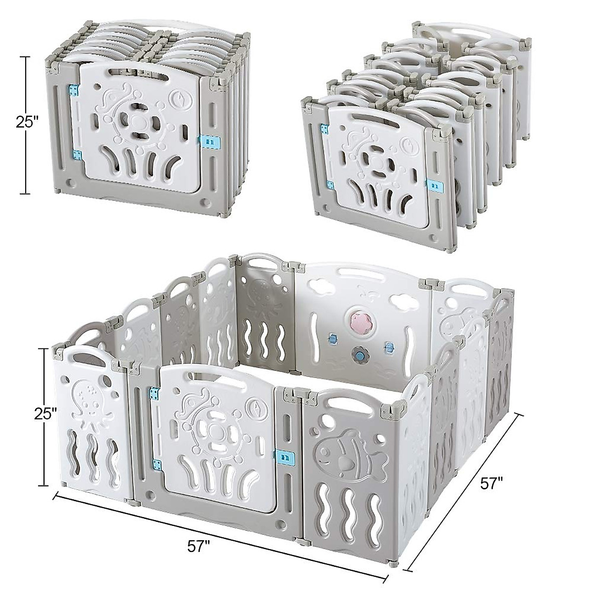 Albott Baby Playpen 14 Panels Foldable Kids Safety Play Yard - Game Panel and Gate with Safety Lock Adjustable Shape for Children Toddlers Indoors or Outdoors(Grey+White, 14 Panel)
