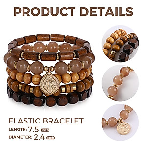 Bohemian Wood Beaded Bracelets for Women Natural Stone Boho Stretch Wooden Bracelet Set Religious Charm Multilayered Bead Strand Elastic Stackable Bracelets Handmade Jewelry Gifts for Men and Women