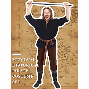 Panitay 4 Pcs Halloween Men's Medieval Costume Set Renaissance Pirate Shirt Pants Viking Belt Retro Pouch Outfit for Cosplay(X-Large,Black, Dark Brown, Brown)