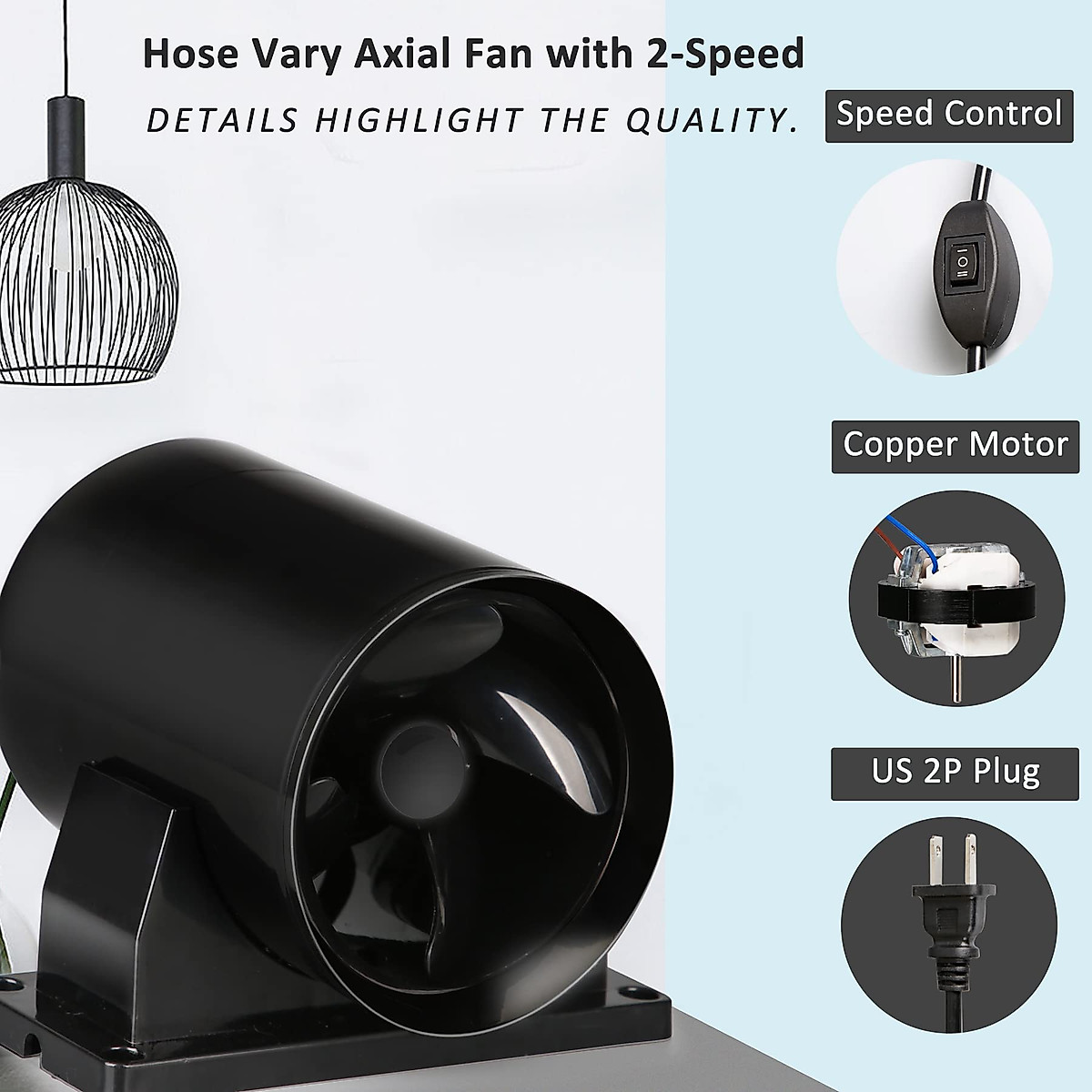 Hose Vary 4 inch Duct Exhaust Fan, Exhaust Intake Fans, ABS Lightweight 2-Speed Inline Fan w/Removable Stand US Cord for Laser Printer Booth, Attic, Kitchen, Garage, Basement (2-Speed)
