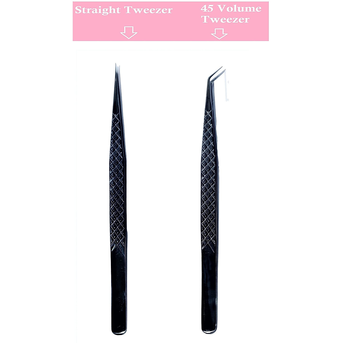Lash Tweezers for Eyelash Extensions | Stainless Steel - Diamond Grip Straight & 45 Degree Volume | Tip with Free Mirror for Women, Makeup, Lashing, Fans Professional Tool Kit 14 cm Black