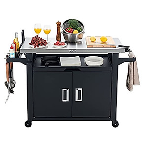 NUUK Pro 42-Inch Rolling Outdoor Kitchen Island and BBQ Serving Cart, with Heavy Duty Wooden Cutting Board and Propane Tank Holder