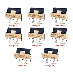 Personalized Key Holder for Wall Engraved Your Family Name, Customize Wooden Key Rack for Wall with Storage Basket and 5 Key Hooks, Multifunction Key Hanger for The Home Entryway, Kitchen, Bathroom
