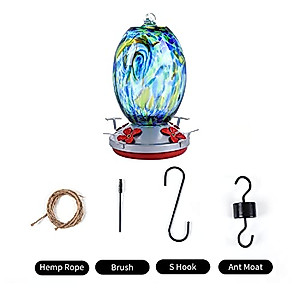 JALAMWANG Hummingbird Feeder for Outdoors Hanging, 25 Ounces, Hand Blown Glass, Leak Proof Rustproof, Containing Ant Moat, for Attract Hummingbird Garden Decoration etc(Blue Starry Night)