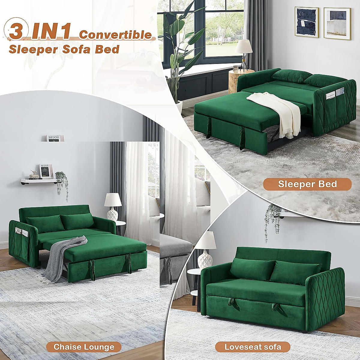 JEEOHEY 3 in 1 Convertible Sleeper Sofa Couch with Pull Out Bed,55" Modern Velvet Sofa Bed with Ajustable Backrest & Side Pocket,Tufted Loveseat Chaise Lounge for Livingroom,Office,Small Palces(Green)