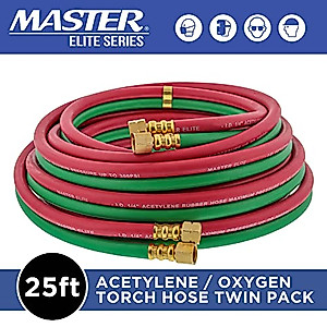 Master Elite 25 Foot Oxygen Acetylene Hose Twin Welding Hose Set, 1/4 Inch B Fittings, 9/16”-18 - Oxy Acetylene Cutting Torch Hoses, Welder Gas Hose Cut Metal, Green Red, Grade R, Fits Regulators