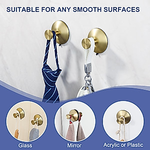 SAYAYO Suction Cup Hooks for Shower, Brushed Gold Suction Towel Hook for Glass Window, SUS 304 Stainless Steel Bathroom Hooks for Glass Door, Mirror, Tile, 2Pcs