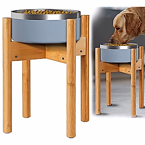 Dog Bowl Stand for Large Dogs - Height 14-inch, Adjustable, Lockable Width 8-11inches Wide - Food and Water Feeder Holder - Bamboo