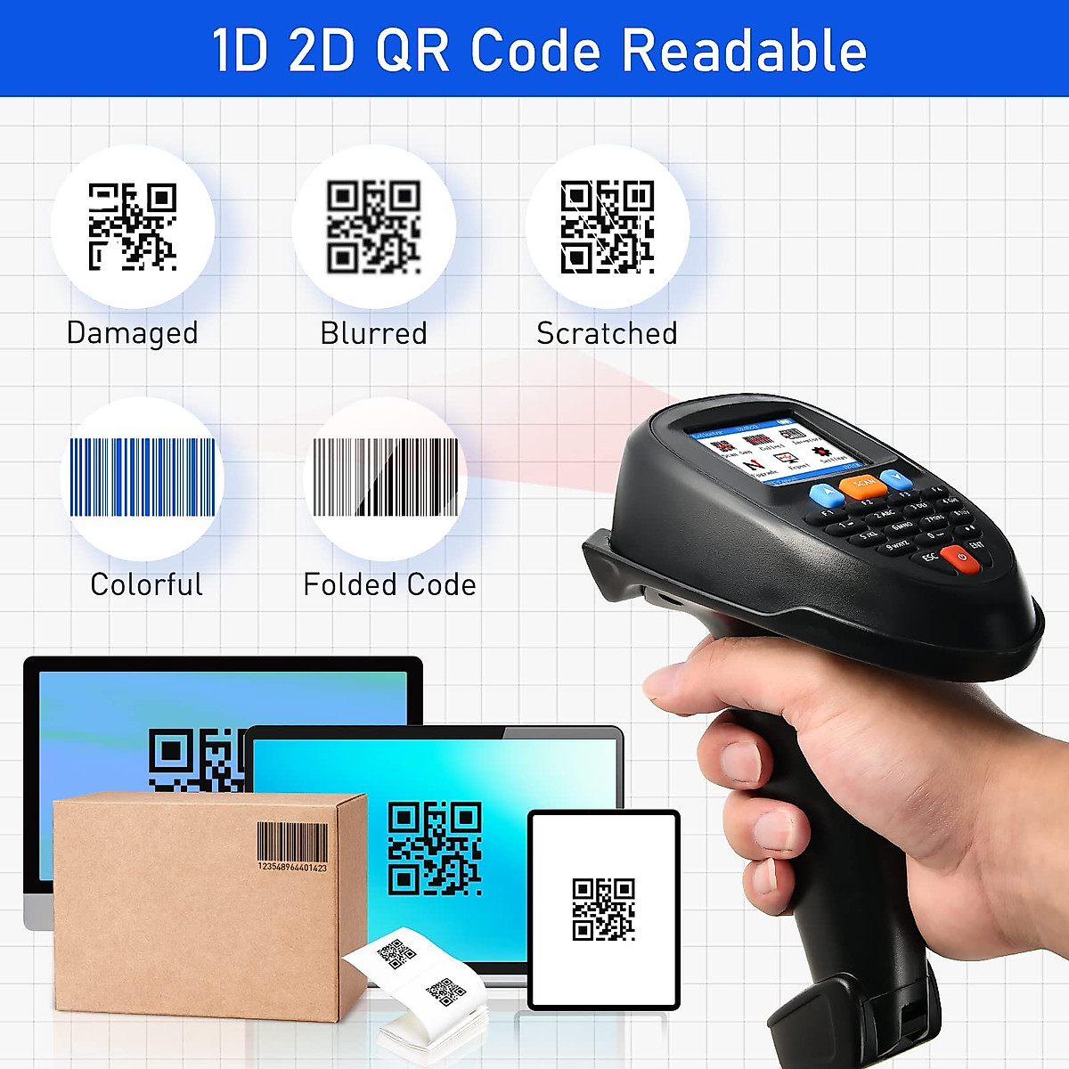 1D 2D Wireless Barcode Scanner, JRHC Portable Inventory Scanner with Charging Base Data Collector Barcode Reader Data Terminal 2 in 1 USB Connection & 2.4G Wireless Bar Code Scanners with 2.2" Screen