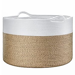 maison sympa Extra Large Cotton Rope Basket Woven Baby Laundry Basket Blanket Basket Baby and pet Toy Basket with Handle Laundry Hamper - 21" x 21" x 13.8" (white & camel)