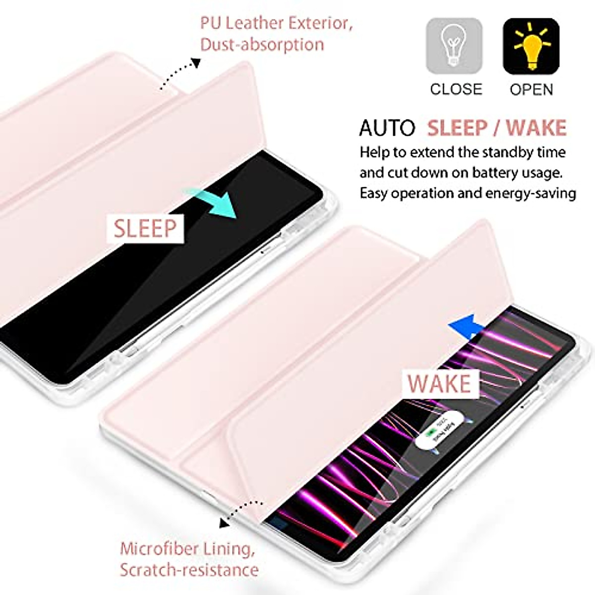 Hoidokly Case for iPad Pro 12.9 6th/5th/4th/3rd Generation (2022/2021/2020/2018), Thin Clear Shell Smart Trifold Stand 12.9 inch Protective Transparent Cover with Pencil Holder Auto Sleep/Wake, Pink