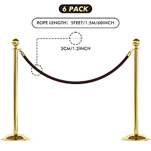6 Pack Velvet Stanchion Rope, 5 Feet Crowd Control Stanchion Ropes Safety Barrier with Gold Plated Hook for Carpet Events Movie Theaters Grand Openings Hotels Party (Black,6 Pcs)