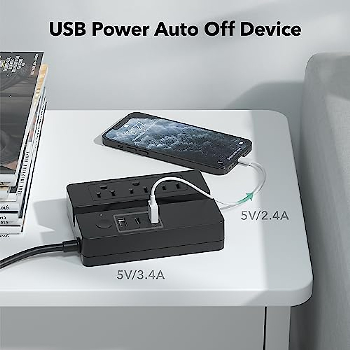 BN-LINK Power Strip with USB Ports and Outlets, Desktop Charging Station with 3 USB Ports( Total 3.4A), 3 Outlets, 4 ft Long Extension Cords, and The Groove to Hold The Cell Phone Easily