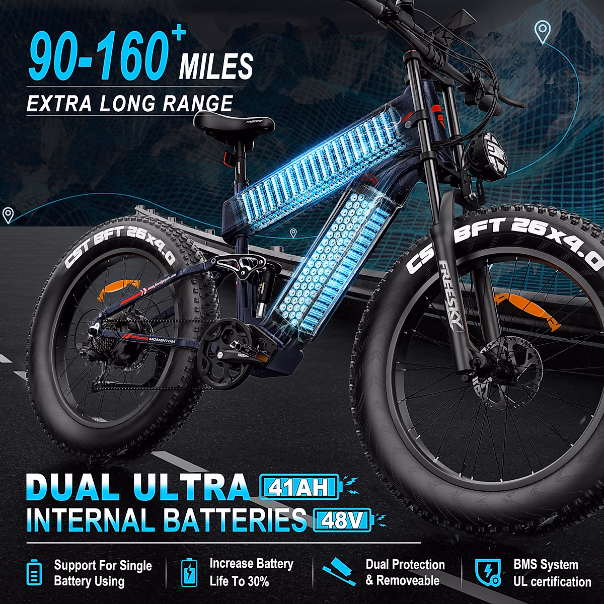 FREESKY 2025 Upgraded Dual Battery 48V 41AH Peak 2500W Motor 90-160 Miles Long Range Electric Bike for Adults 38MPH+ 26" Fat Tire Full Suspension EBike with Dual Hydraulic Brakes