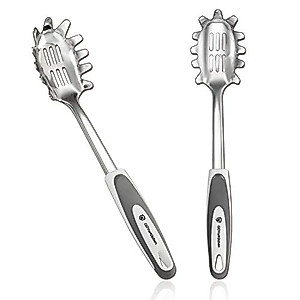 Premium Spaghetti Spoon Server Set - Stainless Steel Slotted Pasta Spoon and Fork with Comfortable Grip Design - Ideal for Serving and Straining Spaghetti, Noodles, and More - Set of 2 With Bonus Gift