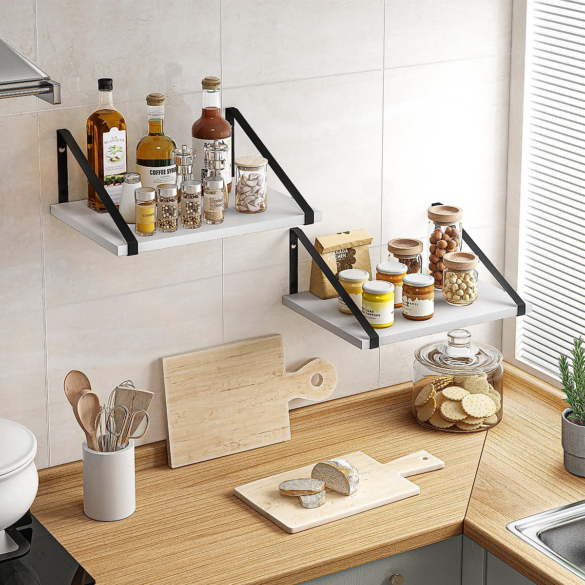 Fixwal 12 Inch Deep Shelves - White Floating Shelves, Rustic Wood Wall Shelf for Bathroom, Kitchen, Laundry Room, Living Room Decor