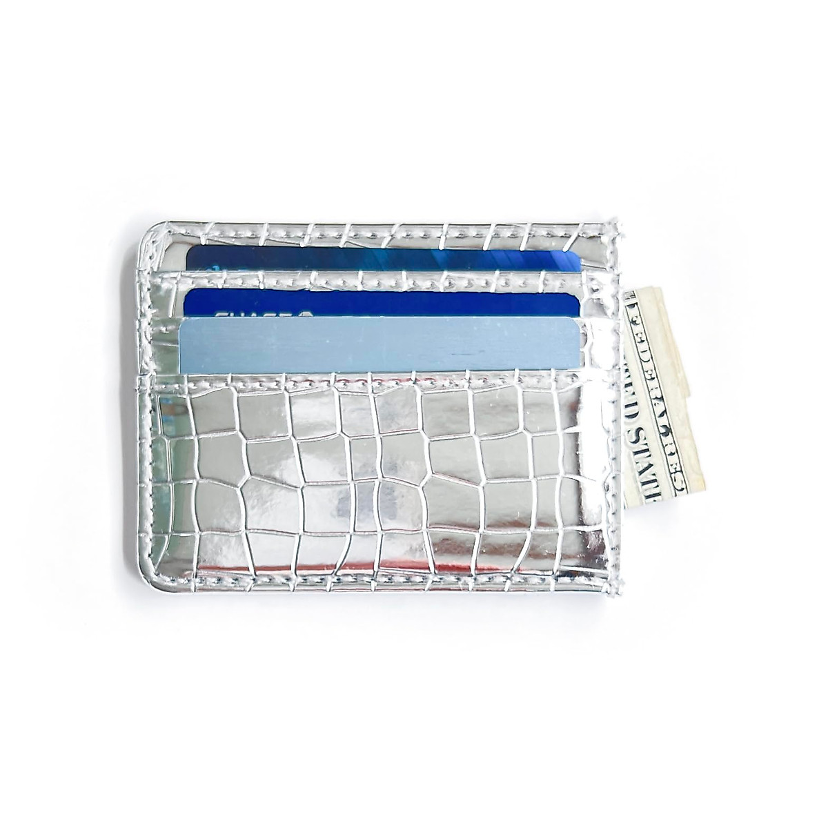 SWEDEY Super Shiny Slim Credit Card Holder Mini Front Pocket Wallet in Mirror Metallic Faux Crocodile pattern (Silver)