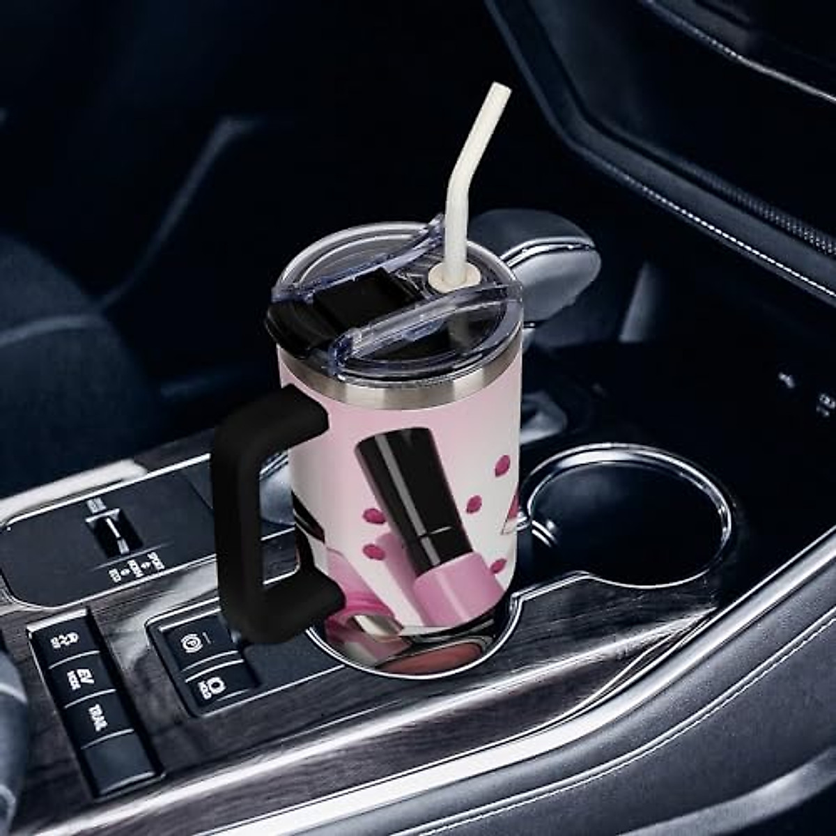 Modern Woman Cosmetic Insulated Stainless Steel Travel Mug, 40 Oz Tumbler with Handle And Straw Double-Wall Vacuum Coffee Cup, Leak-Proof Lid, Keeps Drinks Hot/Cold for Hours