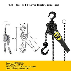 Manual Lever Hoist Come Along 3/4 TON 1650 LBS Capacity 10FT Lift 2 Heavy Duty Hooks Commercial Grade Steel for Lifting Pulling Construction Building Garages Warehouse Automotive Machinery