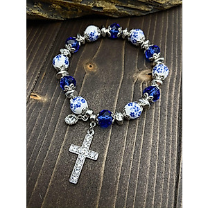 Nazareth Store Handmade Crystallized Glass Beads Cross Bracelet with Ceramic Flower Beads Religious Christian Bangle for Women and Men (Blue)