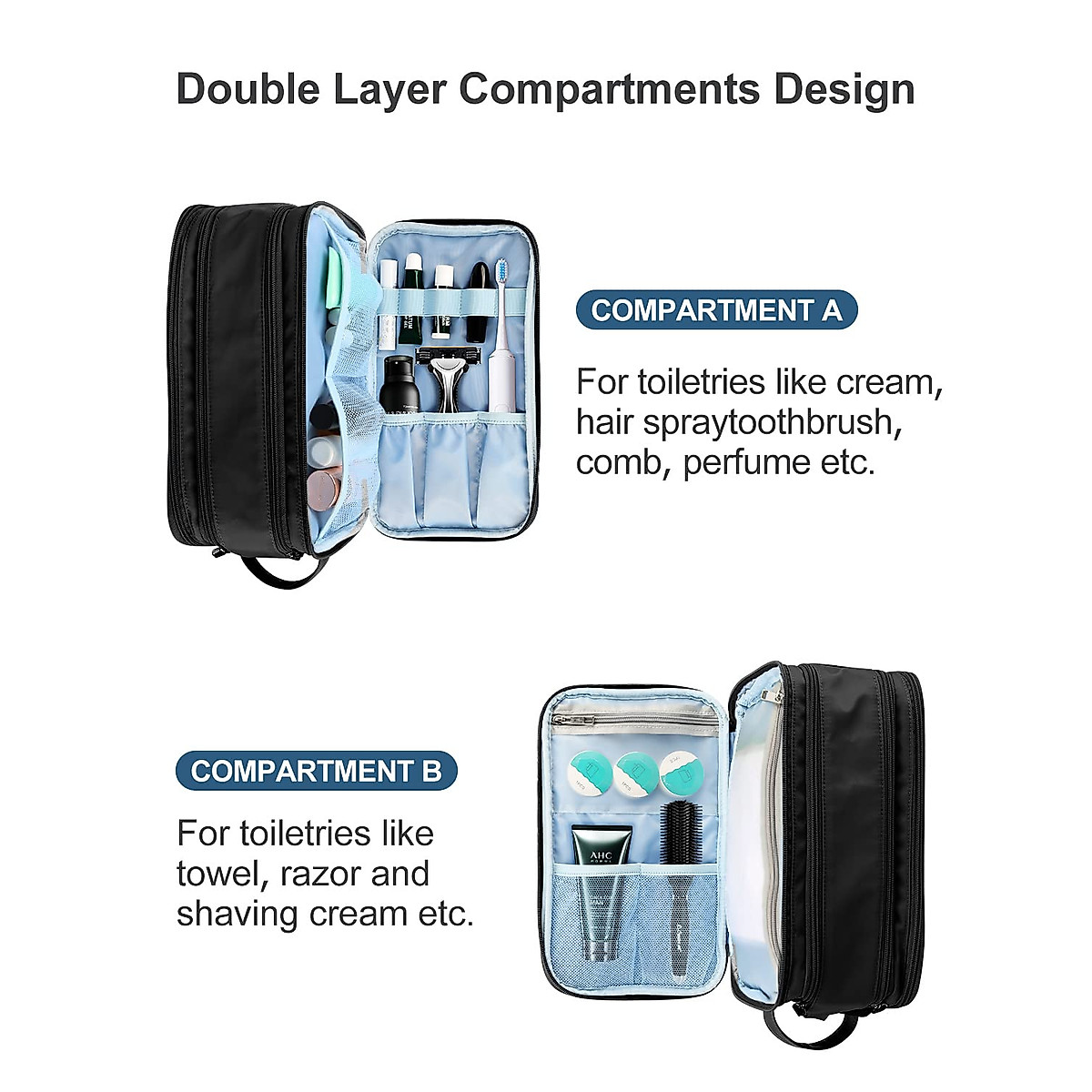 Luxtude Travel Toiletry Bag for Men Water-resistant, Large Shaving Dopp Kit with Double Zipper Opening, Compact Toiletry Cosmetic Organizer Bathroom Shower Bag for Toiletries and Shaving Supplies etc.