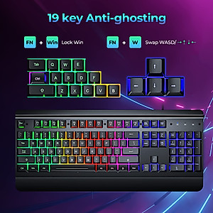 Pauroty Gaming Keyboard Metal, Rainbow LED Backlit Silent Keyboard with Wrist Rest, 104 Quiet Membrane Keys, Multimedia Keys,19 Anti-ghosting Keys, Waterproof, USB Wired Keyboard for Windows PC Gamer
