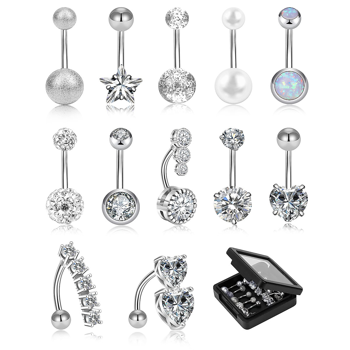 WINSENET 12PCS 14G Belly Button Rings Belly Piercing Jewelry Stainless Steel Cute Belly Rings for Women Navel Rings Piercing Jewelry with Gift Box