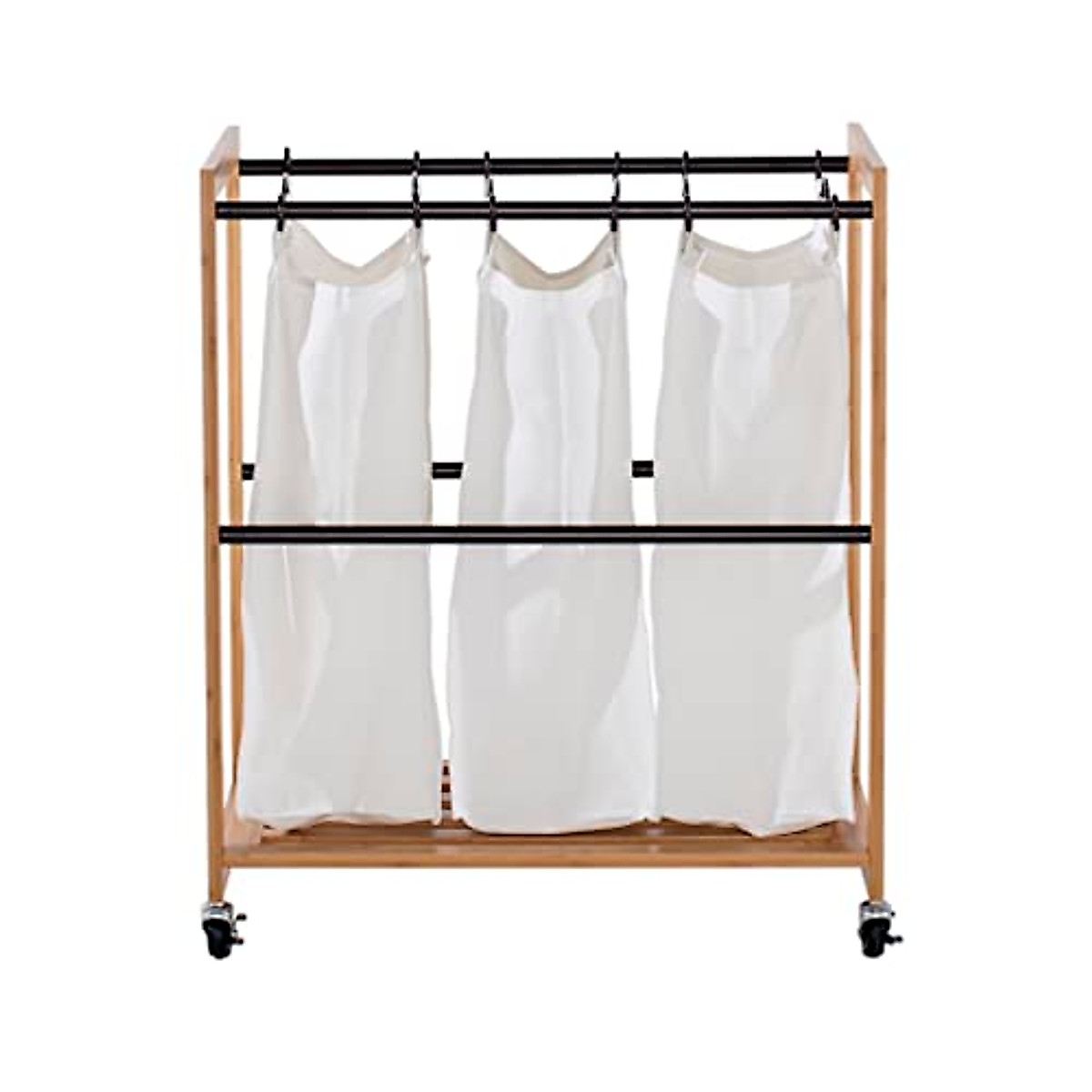 TRINITY 3-Bag Bamboo Laundry Cart, Laundry-Room Organization and Dirty Clothes Hamper with Wheels for Bedroom, Closet, Dorm Room and More, Bronze Poles
