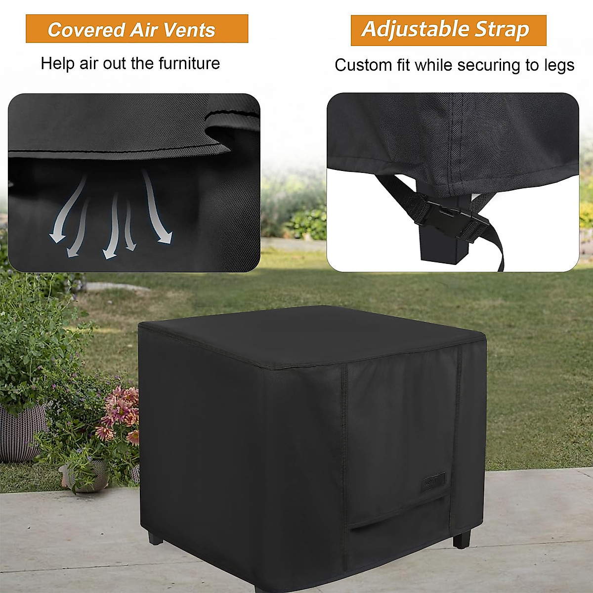 NettyPro Outdoor Patio Ottoman Cover, Waterproof Square Side Table Cover, 28L x 28W x 20H inch, Black