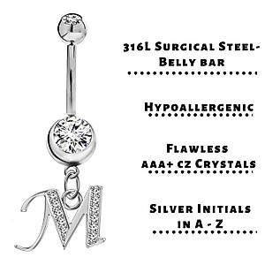 Bodytrend Initial Dangle Belly Button Rings with CZ Crystals in Silver Letters A to Z - British Standard - Certified by Sheffield Assay Office