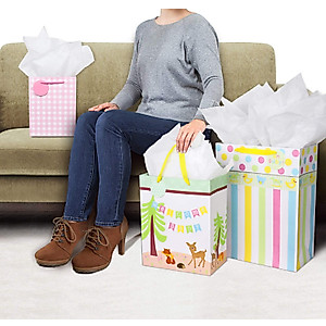 12 Pcs Baby Gift Bags, Large, Medium and Small Gift Bags Assortment for Baby Shower, Birthday, Parties, Baby Girl, and Baby Boy (Assorted Sizes)