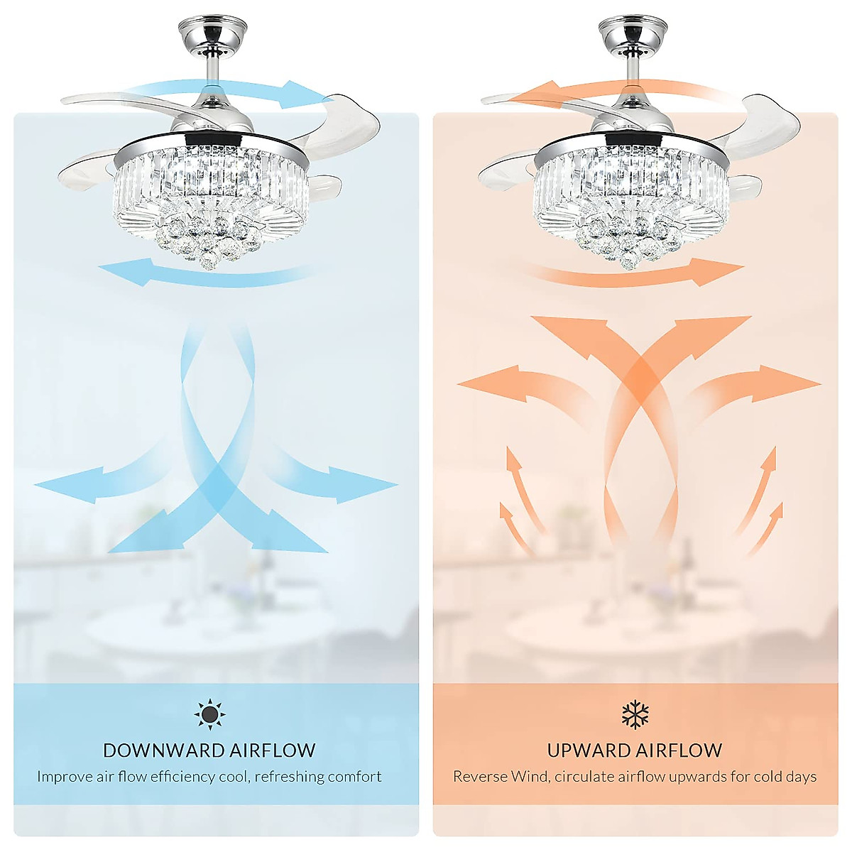 NOXARTE 36 Inch Crystal Ceiling Fan, Modern Fandelier LED Dimmable with Remote and APP, Reverse Motor for Living Ding Room Bedroom