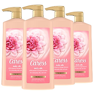 Caress Hydrating Body Wash with Pump Shower Gel For Soft, Silky Skin Daily Moisture Body Wash With Silk Extract & Floral Oil Essence, 25.4 Fl Oz (Pack of 4)