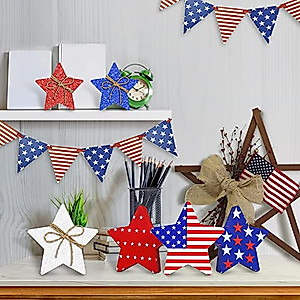 6Pcs 4th of July Patriotic Wooden Glitter Star Signs Table Decor- 4th of July Decorations- Patriotic Party Rustic Farmhouse Wooden Block Signs for Tabletop Centerpiece Tiered Tray Mantle Home Office