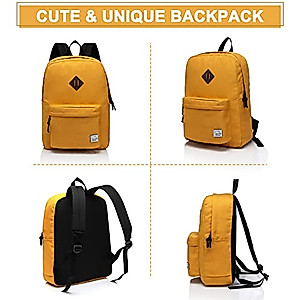 VASCHY Lightweight Backpack for School, Classic Basic Water Resistant Casual Day-pack for Travel with Bottle Side Pockets (Gold)
