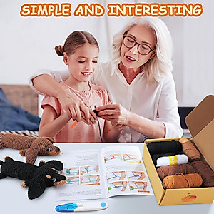Crochet Kit for Beginners - 2 PCS Dachshund Crochet Kit with Step-by-Step Video Tutorials, Beginner Crochet Kit for Adults, Crochet Animal Kit for Kids, Dog Crocheting Set (Brown & Black)